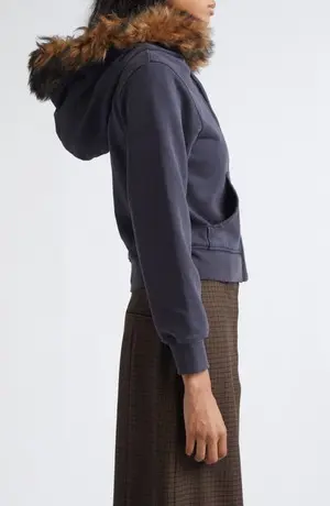 Acne Studios Fuma Organic Cotton Fleece Zip-up Hoodie With Shearling Trim - Rust Brown/navy