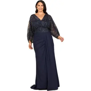 LARA NEW YORK Draped Skirt Gown With Cape Sleeves - Navy