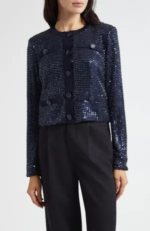 Ramy Brook Sequin Knit Jacket - Navy Beaded Mesh