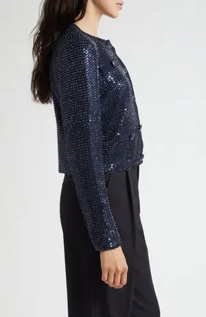 Ramy Brook Sequin Knit Jacket - Navy Beaded Mesh