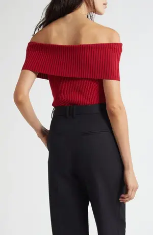 Ramy Brook Foldover Off-the-shoulder Rib Top - Scarlet Red