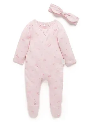 PUREBABY Zip Growsuit And Knot Headband Set - Pale Pink Blossom
