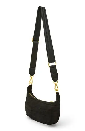 THINK ROYLN Quilted Mini Moon Crossbody Bag - Black Suede