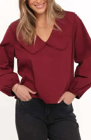 PETAL & PUP Kenna Collared Cotton Poplin Top - Wine