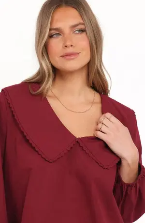 PETAL & PUP Kenna Collared Cotton Poplin Top - Wine