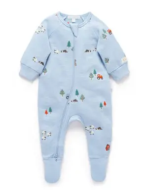 PUREBABY Embroidered Fleece Footie - Herding Sheep Broderie