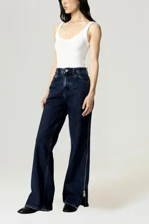 NOCTURNE Zip Accent Straight-leg Denim Pants - Navy Blue