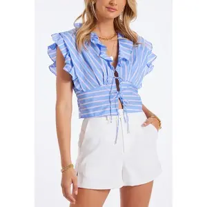 BISHOP + YOUNG Ruffle Tie Blouse - Blue Stripe