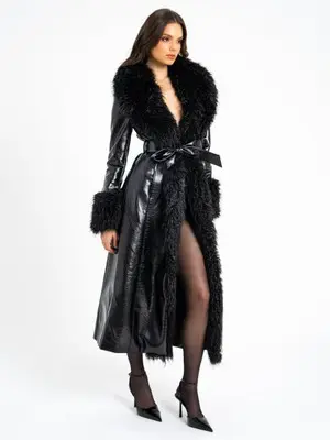 MISS CIRCLE NEW YORK Zella Longline Vegan Croc Leather Coat With Fur Trim