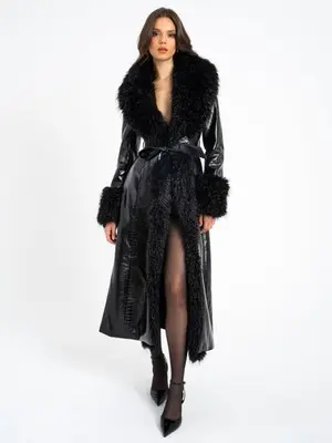 MISS CIRCLE NEW YORK Zella Longline Vegan Croc Leather Coat With Fur Trim