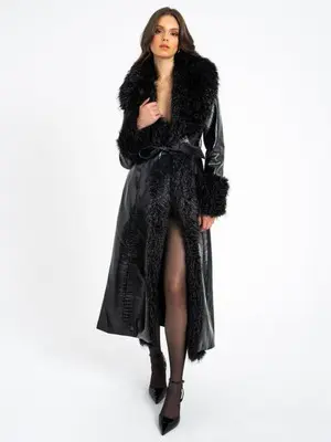 MISS CIRCLE NEW YORK Zella Longline Vegan Croc Leather Coat With Fur Trim