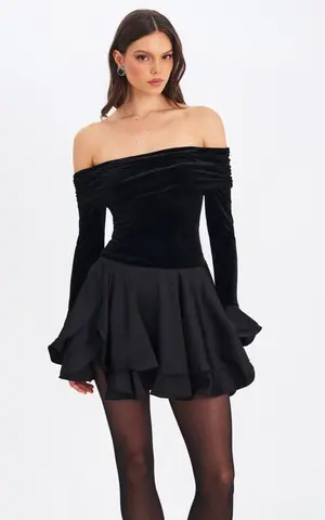 MISS CIRCLE NEW YORK Magnolia Off-shoulder Layered Mini Dress