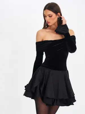 MISS CIRCLE NEW YORK Magnolia Off-shoulder Layered Mini Dress