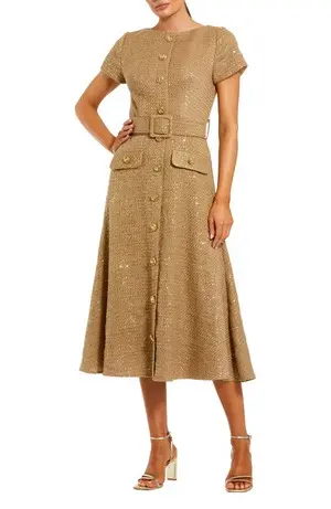 Mac Duggal Boucle Button Up Midi Dress - Toffee