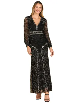 LARA NEW YORK Beaded V-neck Long Sleeve Gown - Black