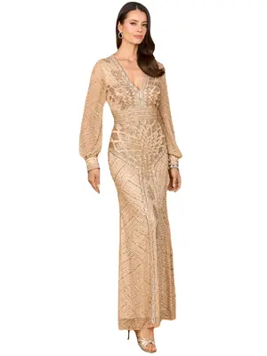 LARA NEW YORK Beaded V-neck Long Sleeve Gown - Nude