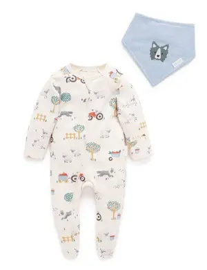 PUREBABY Cotton Zip Footie And Bib Set - Hearding Sheep Print