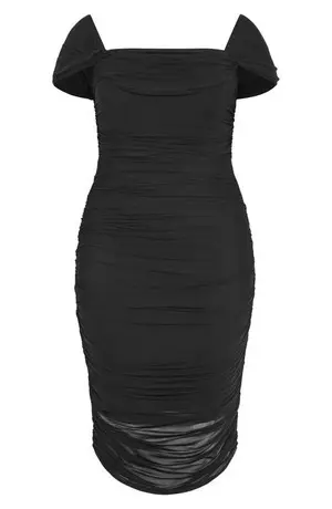 City Chic Off-the-shoulder Ruched Mesh Dress - Black