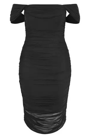 City Chic Off-the-shoulder Ruched Mesh Dress - Black