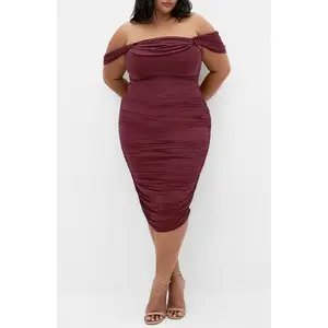 City Chic Off-the-shoulder Ruched Mesh Dress - Dark Cherry