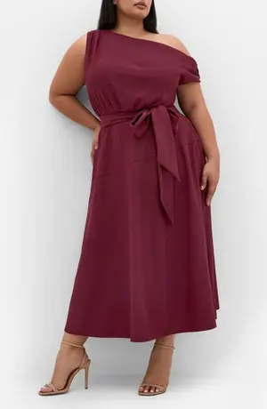 City Chic One-shoulder Crepe Midi Dress - Dark Cherry