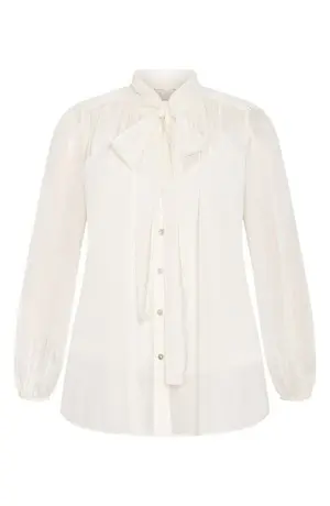 City Chic Seline Tie Neck Chiffon Shirt - Cream