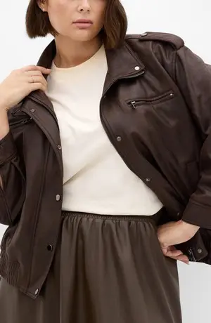 City Chic Faux Leather Bomber Jacket - Chocolate