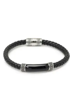 CUFFLINKS, INC. Braided Leather Bracelet With Onyx And Engraved Detail - Black