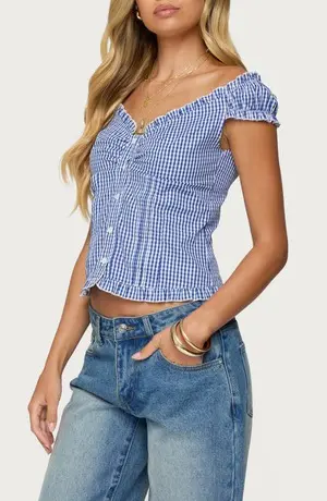EDIKTED Gingham Ruffle Crop Button-up Shirt