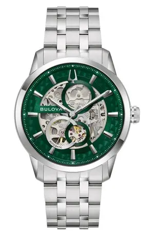 Bulova Sutton Skeleton Automatic Bracelet Watch - Silverone