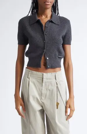 Alexander Wang Logo Cropped Wool Cardigan - Charcoal