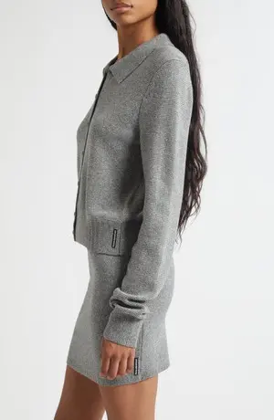 Alexander Wang Crystal Hotfix Wool Blend Polo Cardigan - Heather Grey
