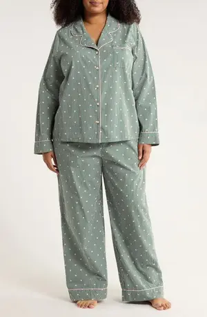 Nordstrom Classic Cotton Pajamas - Green- Pink Heart Stripe