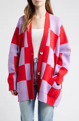 DRESSED IN LALA Oversized Checkered Cardigan - Red/lavender