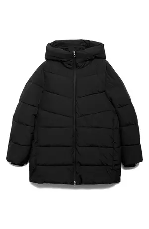 Mango Water Repellent Hooded Puffer Coat - Black