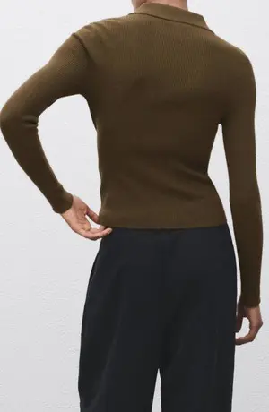 Mango Ribbed Long-sleeve Polo Sweater - Khaki Green