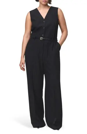 Mango Pinstripe Sleeveless Belted Jumpsuit - Dark Navy