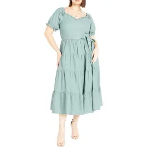City Chic Puff Sleeve Tiered Midi Dress - Blue