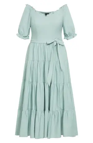 City Chic Puff Sleeve Tiered Midi Dress - Blue