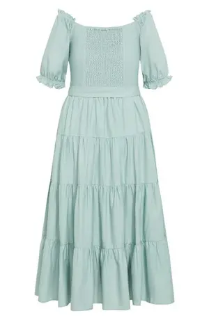 City Chic Puff Sleeve Tiered Midi Dress - Blue
