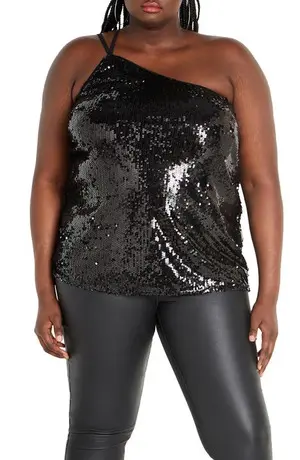 City Chic Sequin Embellished One-shoulder Top - Black
