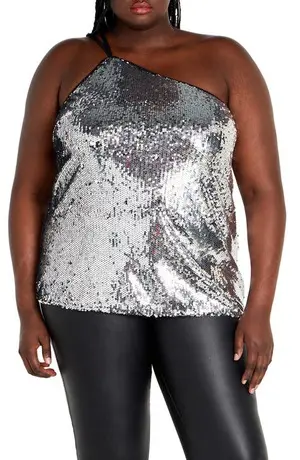 City Chic Sequin Embellished One-shoulder Top - Silver