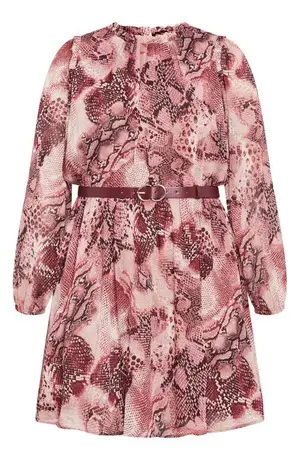 City Chic Printed Belted Long Sleeve Dress