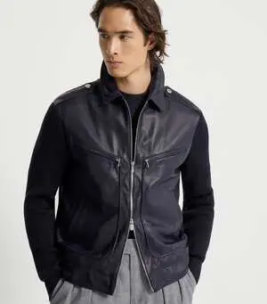 Brunello Cucinelli Knitted Leather Jacket - Blue