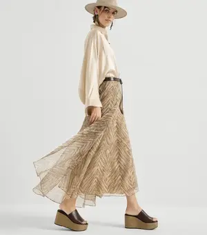 Brunello Cucinelli Silk Printed Maxi Skirt - Beige