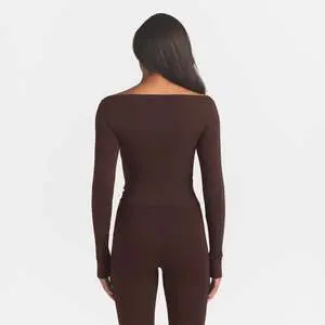 SKIMS Long Sleeve Cotton Jersey Boatneck Top - Espresso