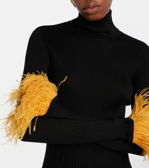 La DoubleJ High Kick Cashmere And Silk Turtleneck Sweater With Feather Trim - Black