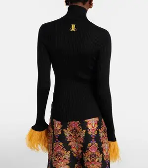 La DoubleJ High Kick Cashmere And Silk Turtleneck Sweater With Feather Trim - Black