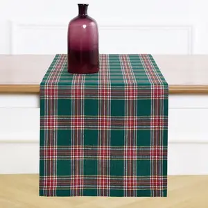 SOLINO HOME Linen Table Runner Tartan Plaid - Green