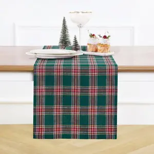 SOLINO HOME Linen Table Runner Tartan Plaid - Green
